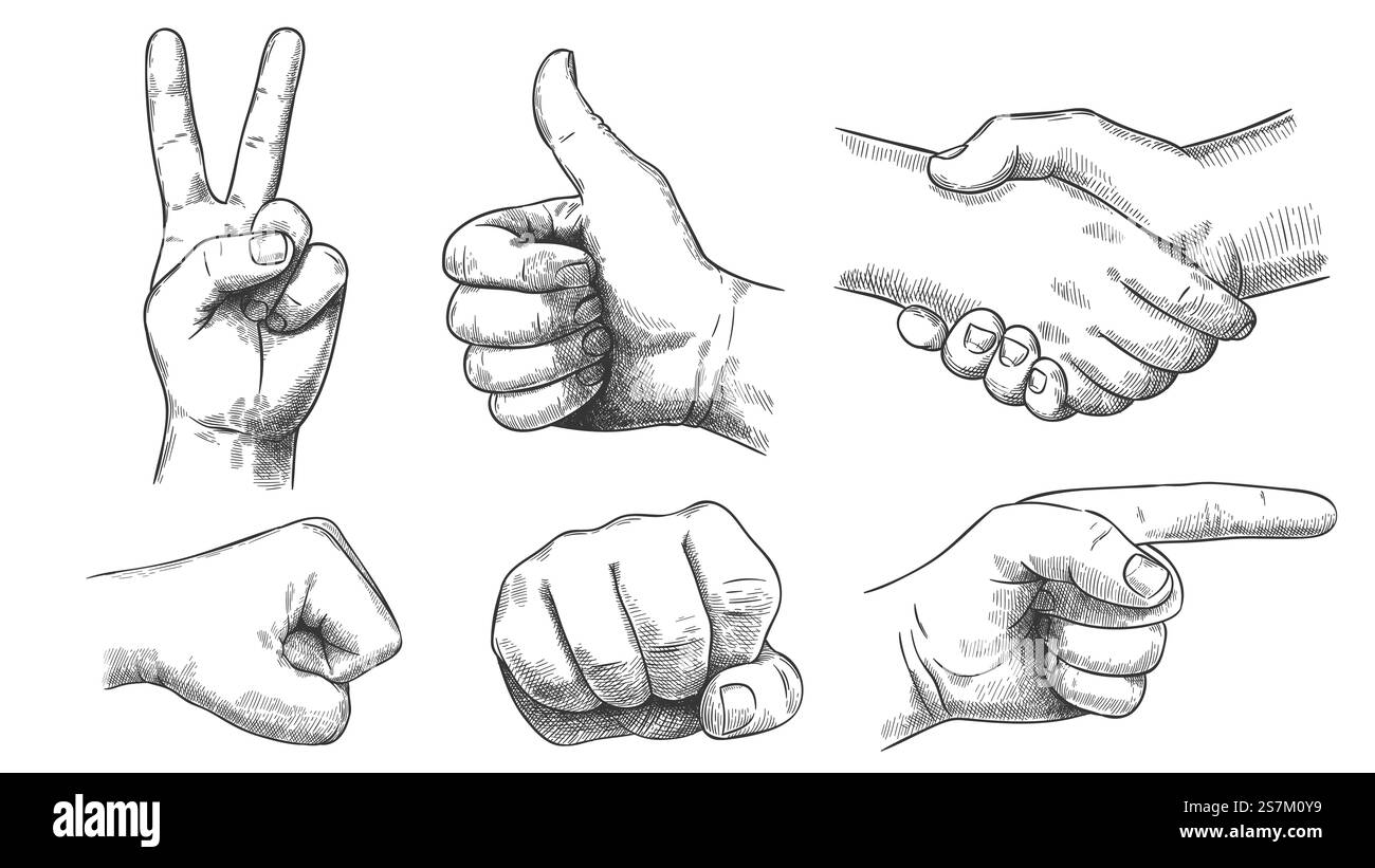 Hand drawn gestures. Pointer finger, strong fist and punch. Handshake ...