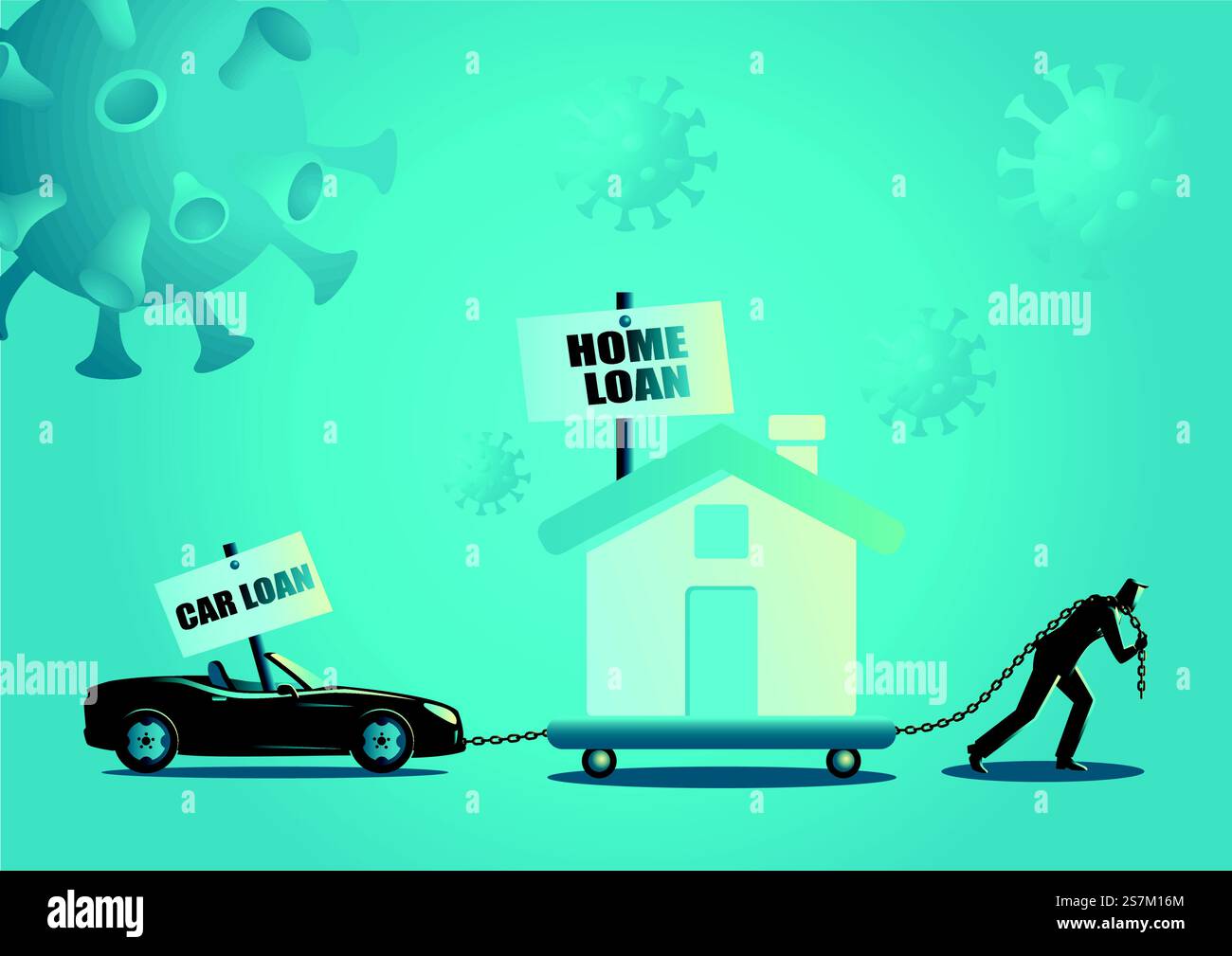 Vector illustration of a man dragging house and car loan as heavy ...