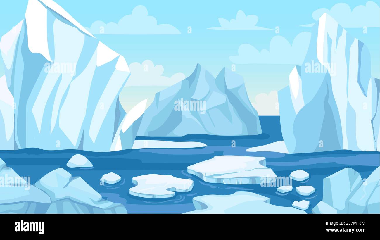 Cartoon arctic landscape. Icebergs, blue pure water glacier and icy ...
