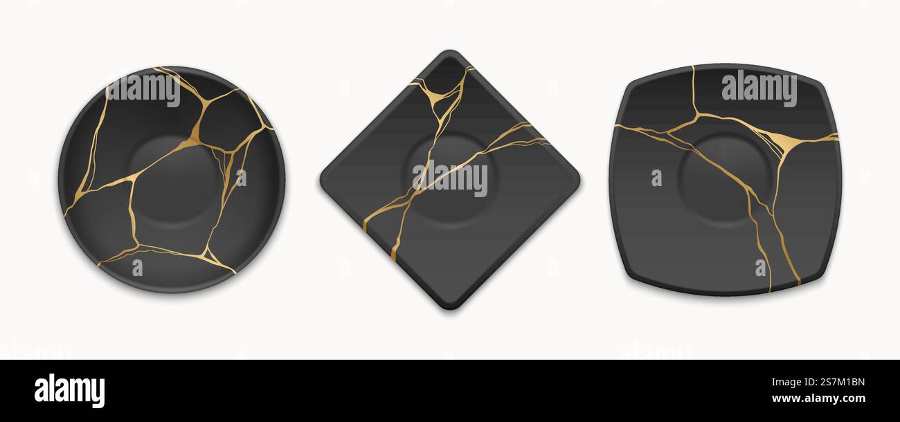 Set of vector plates with gold kintsugi cracks. Japanese art of ...