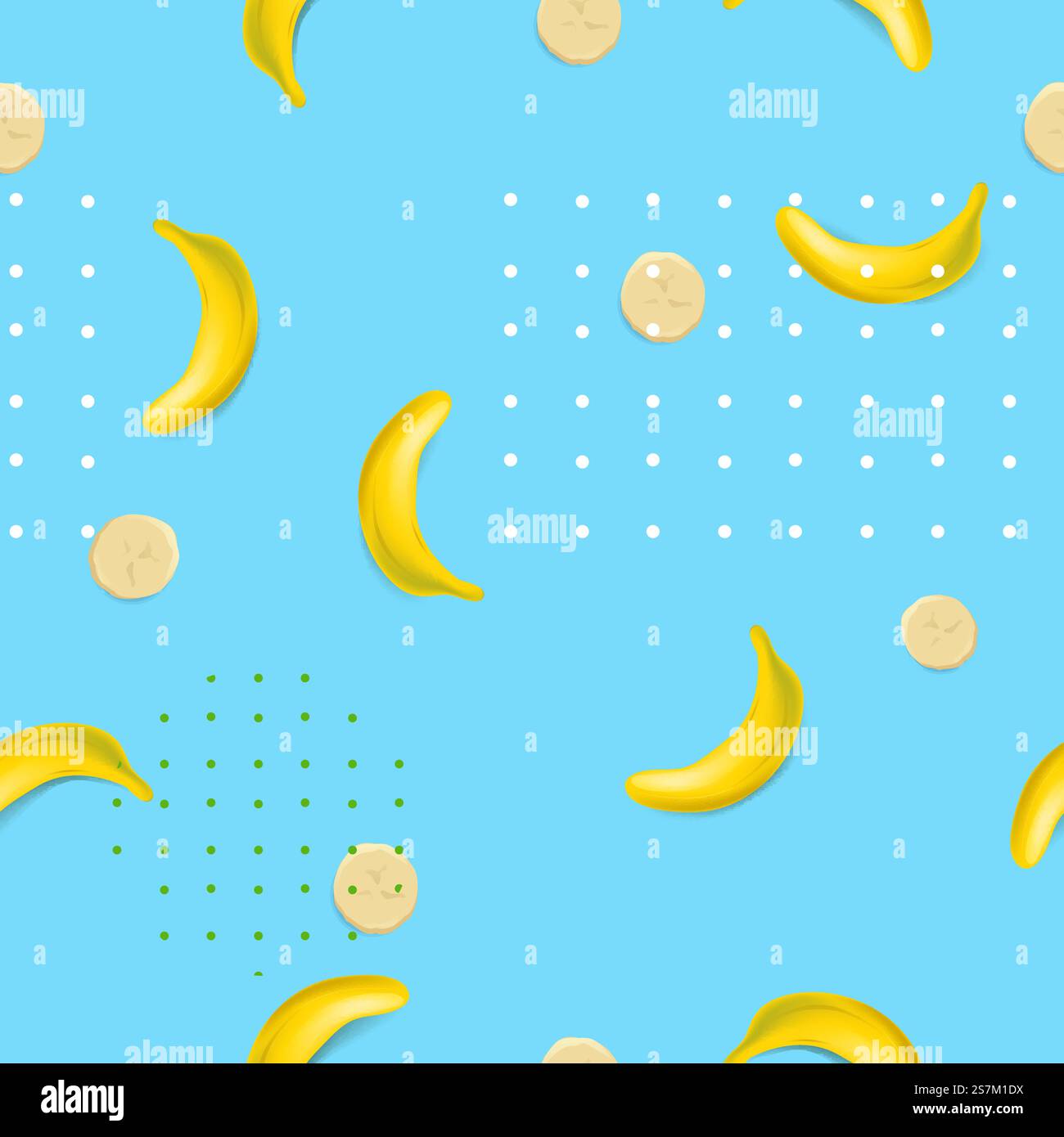 The yellow banana and banana slices seamless pattern on bright blue ...