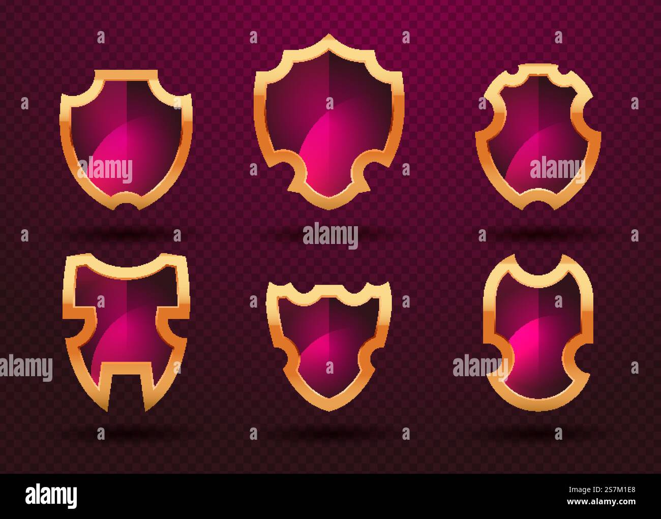 set of symbol of protection, guard. red glossy shield with gold trim ...