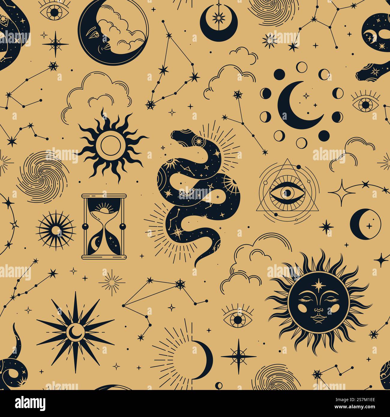 Vector magic seamless pattern with constellations, snakes, sun, moon ...