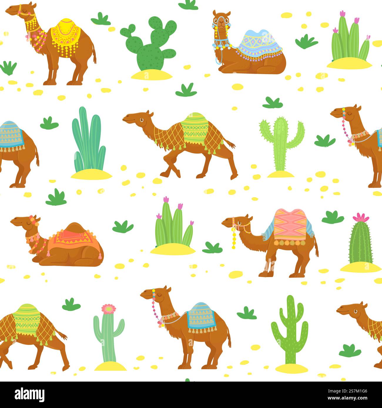 Camel seamless pattern. Cute cartoon desert camels among cactuses ...