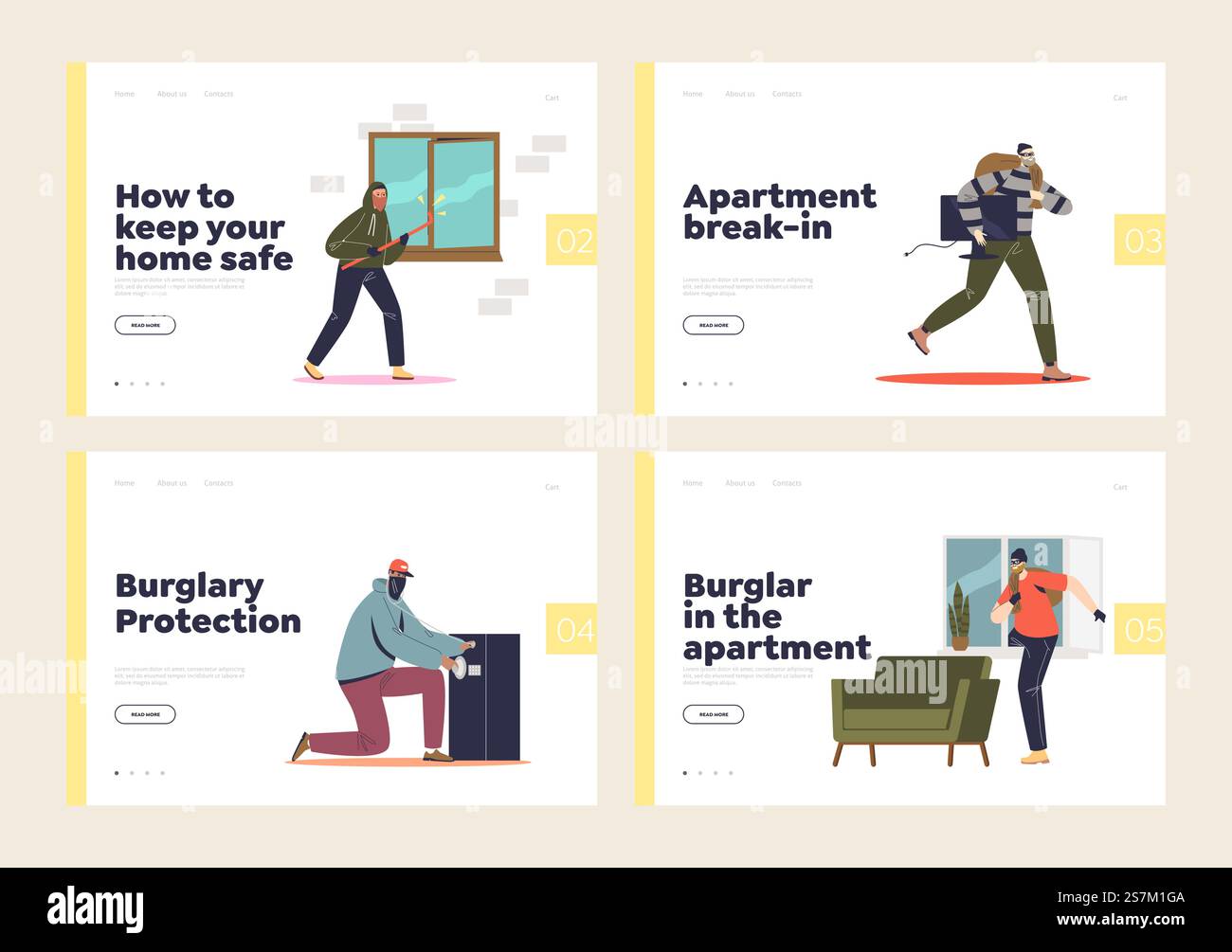 Set of landing pages with home burglar, housebreaking, robbery and ...