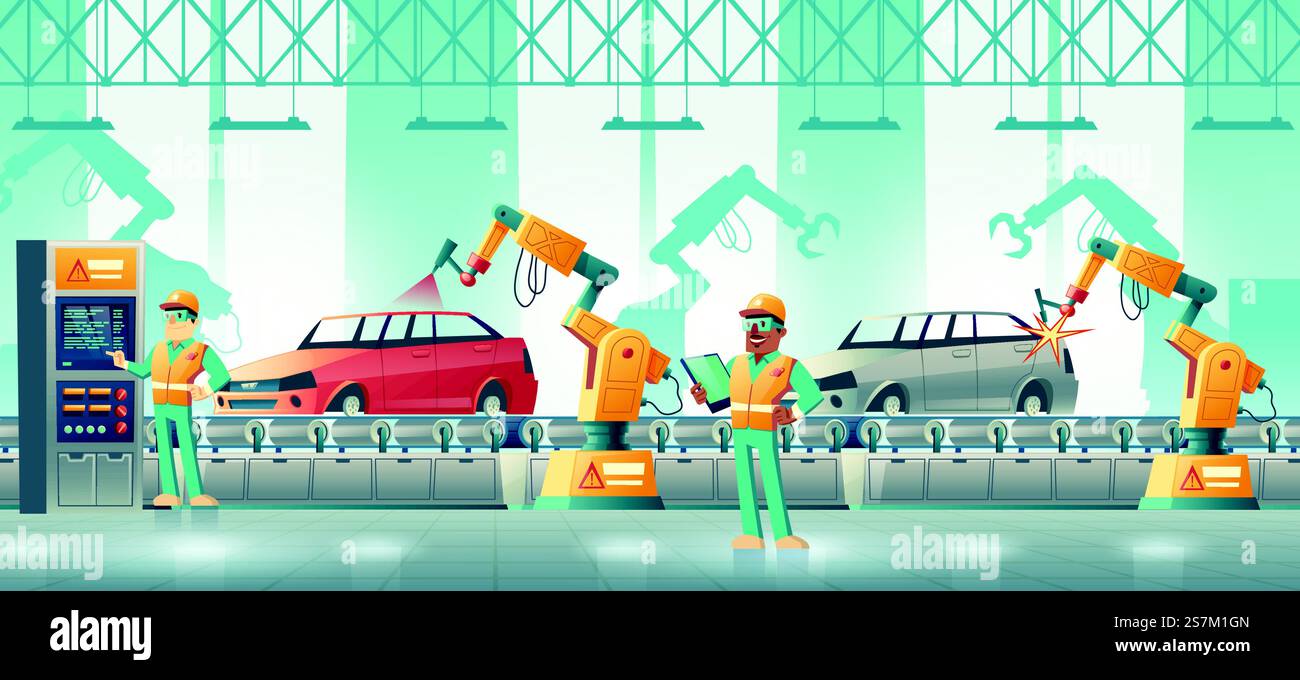Car factory robotized production line cartoon vector. Technicians ...