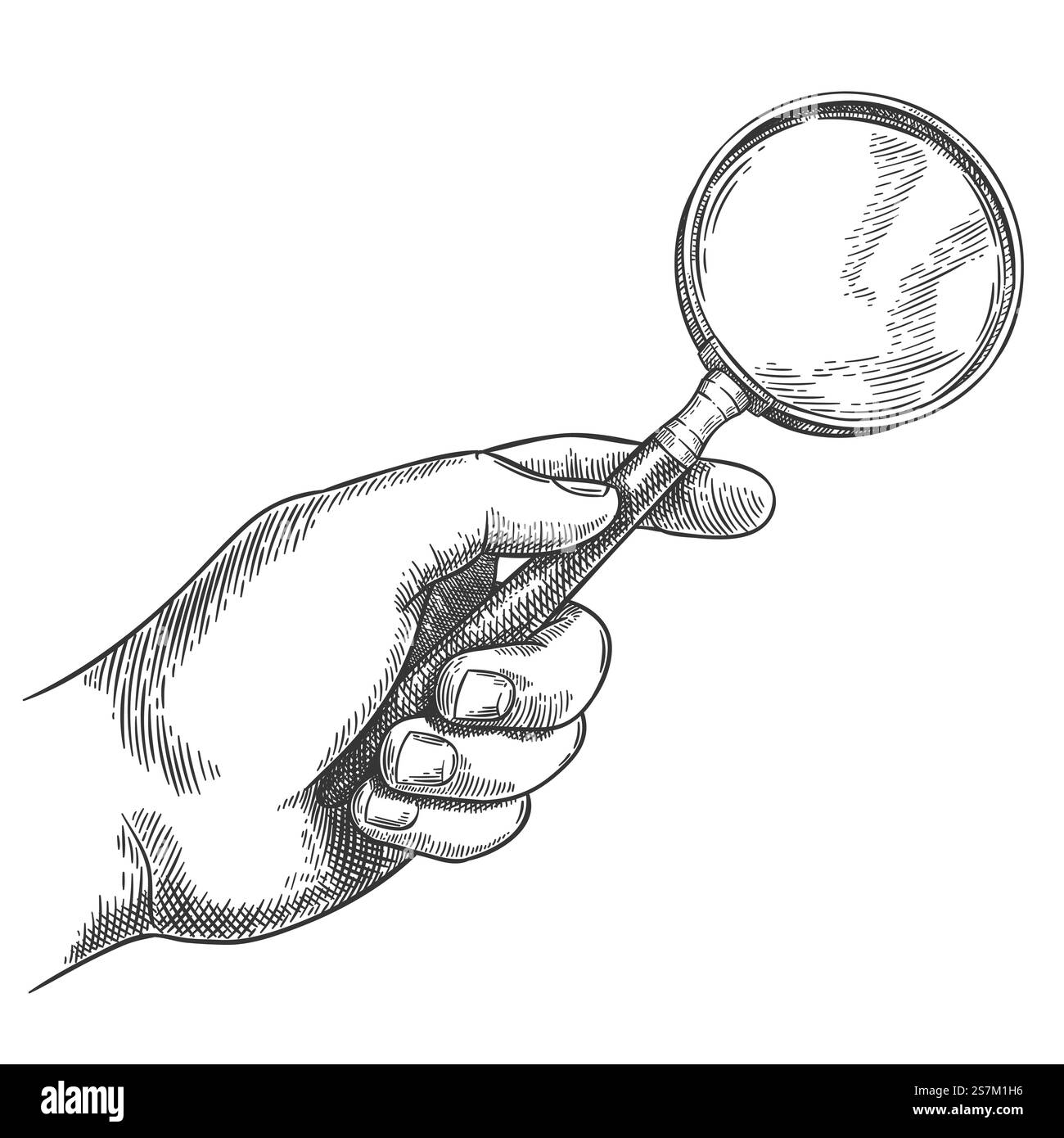Engraved hand holding magnifying glass. Retro hand drawn detective ...