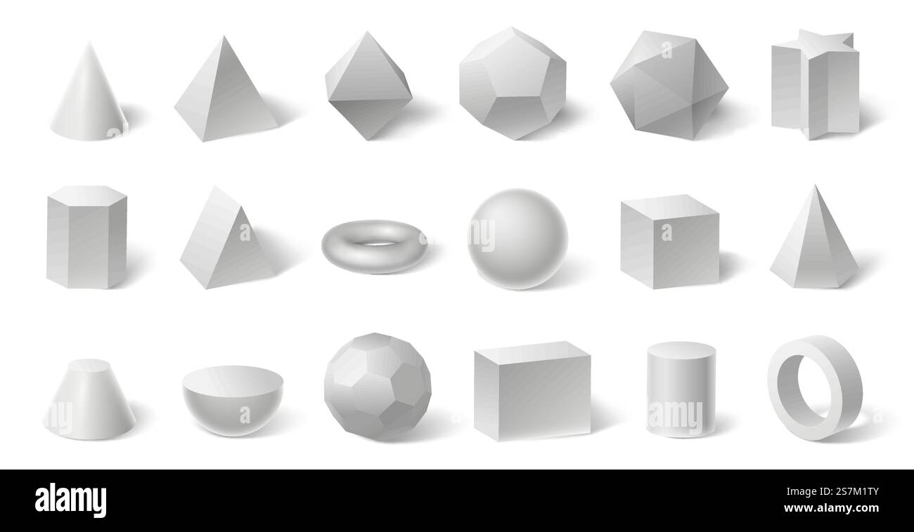 White geometric 3d shapes. Geometry form for education. Hexagonal and ...