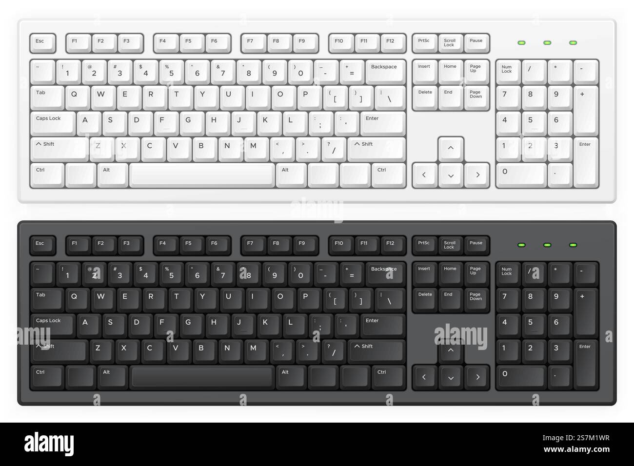 Keyboard. PC white and black key buttons with english qwerty alphabet ...