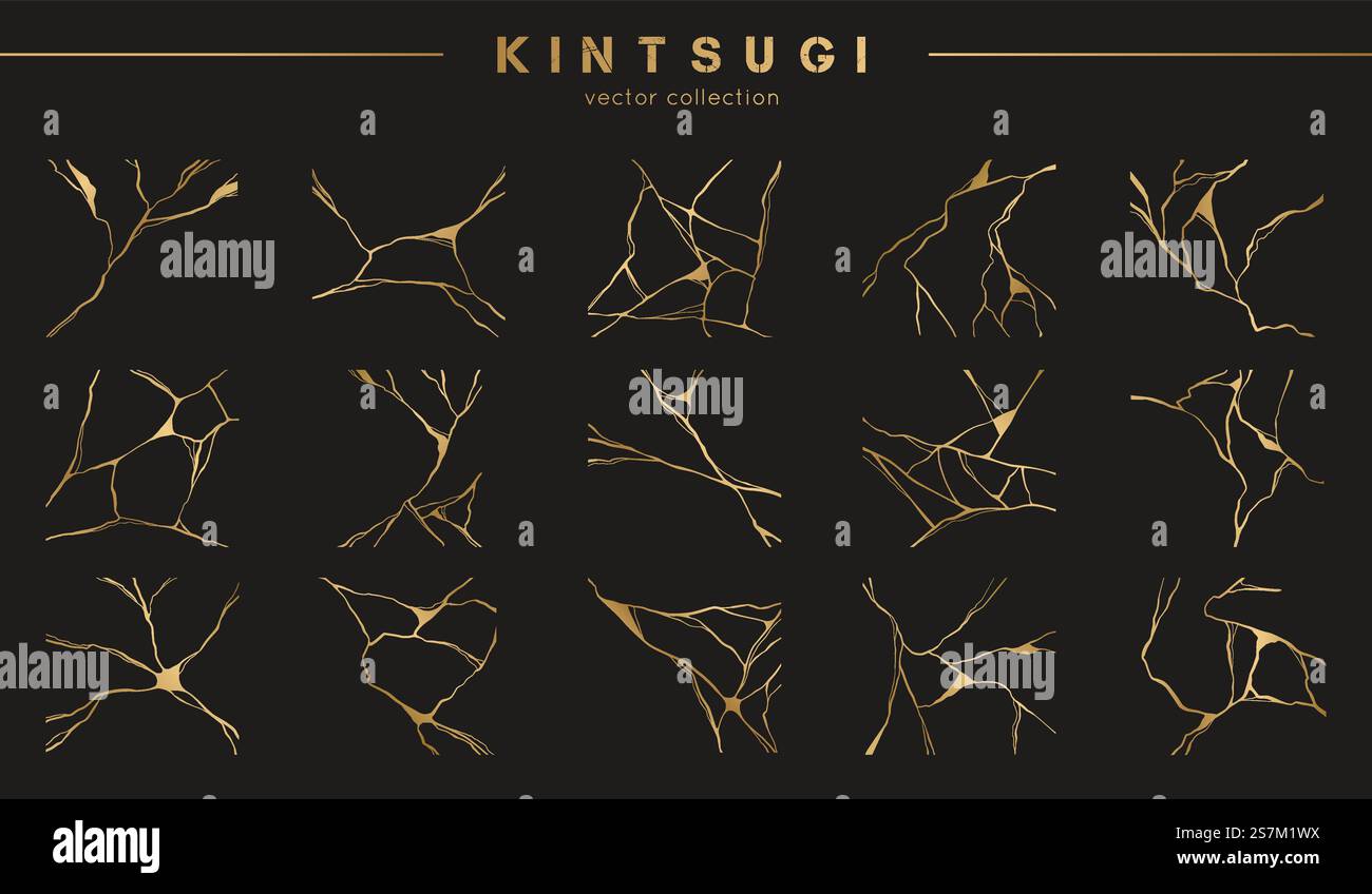Set of gold kintsugi vector patterns. Japanese art of repairing broken ...