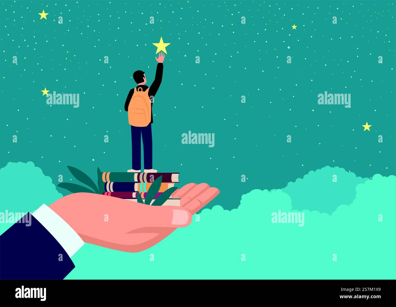 Simple flat vector illustration of a man hand lifting up a school boy ...