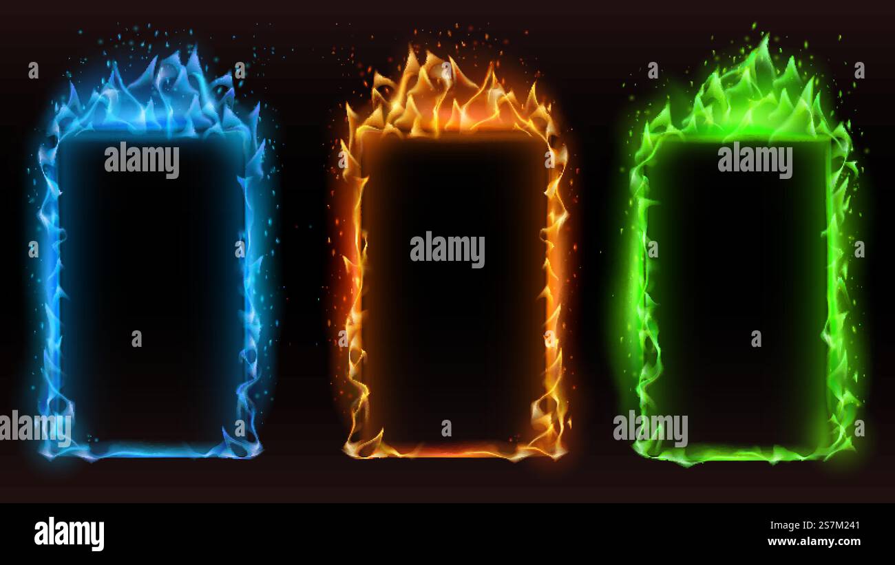 Fire frames diffrent colors. Vector fire frame color, motion effect orange and blue glowing ...