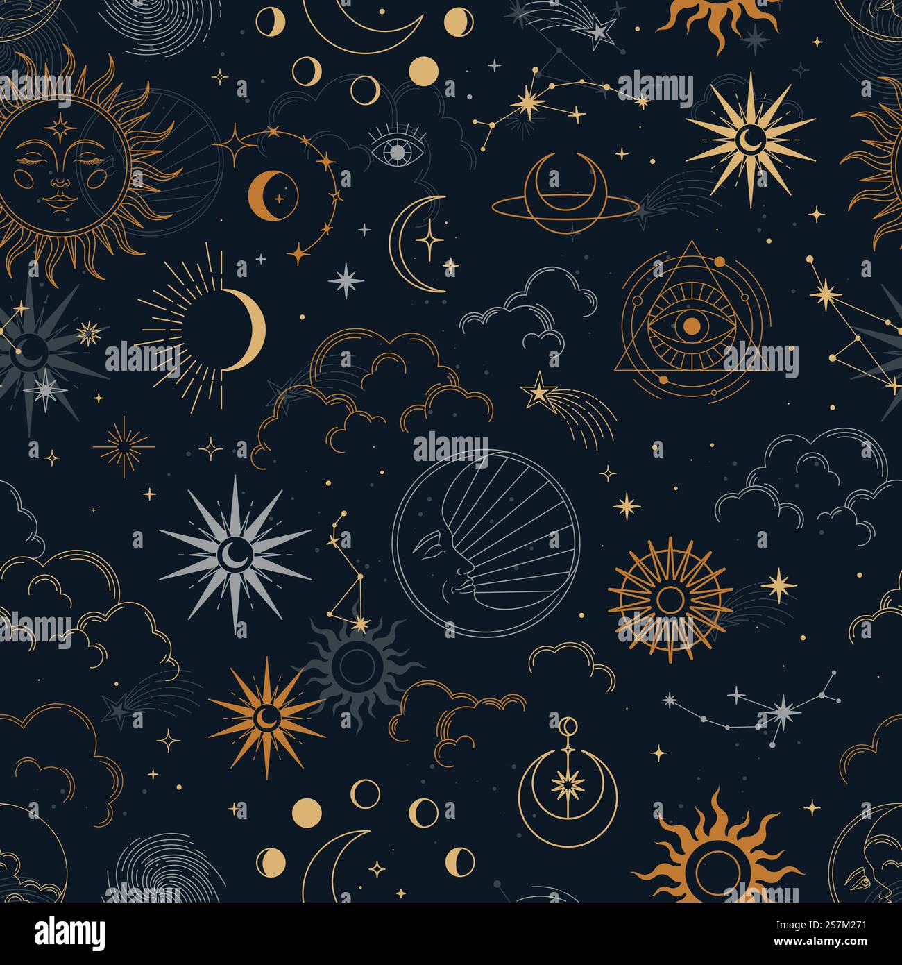 Vector magic seamless pattern with constellations, sun, moon, magic ...