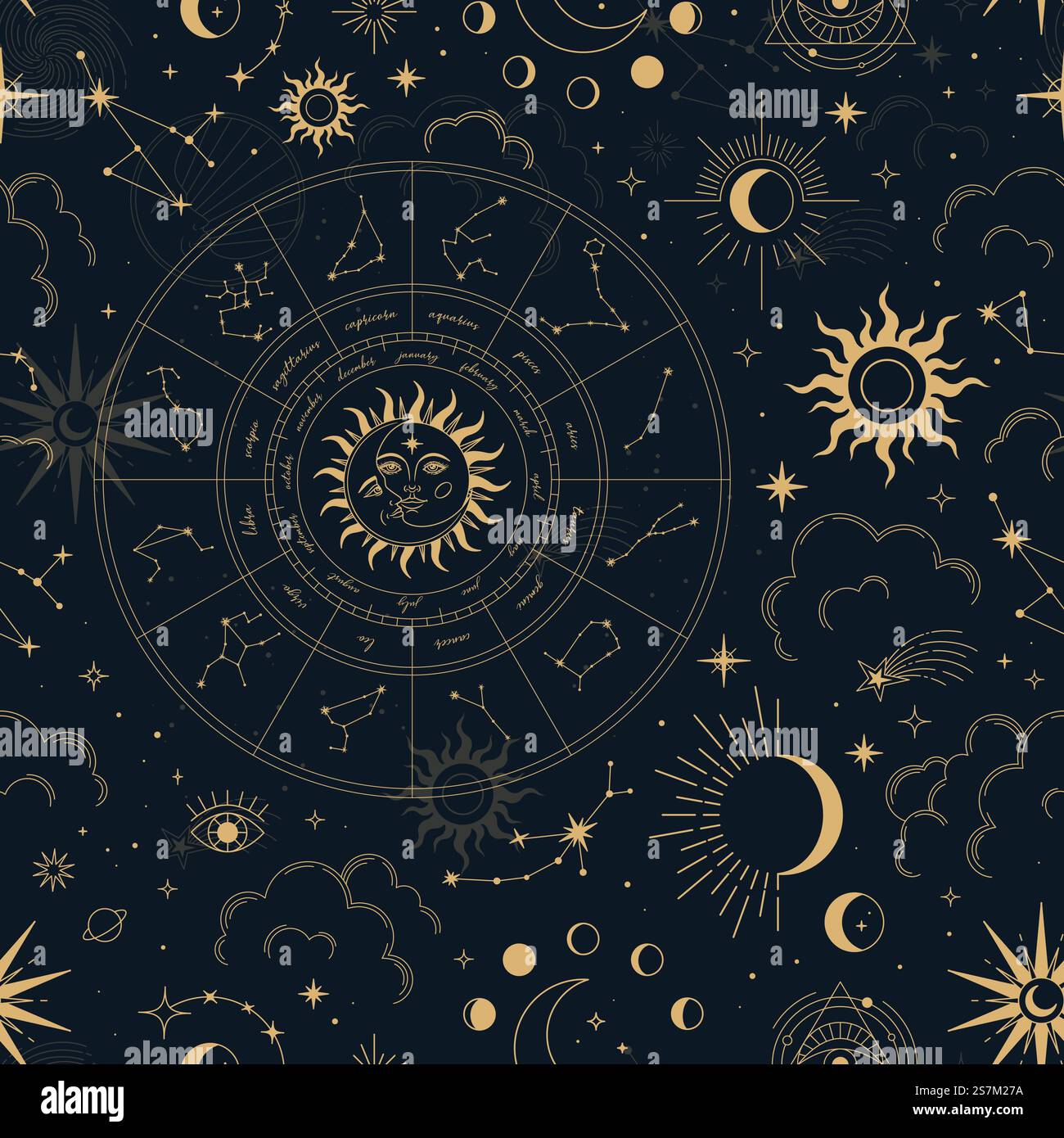 Vector magic seamless pattern with constellations, zodiac wheel, sun ...