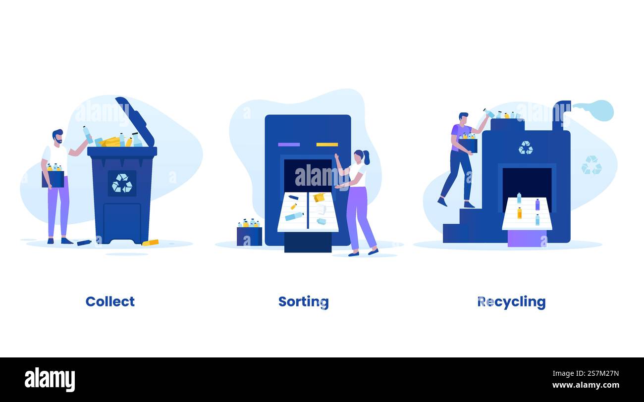 Trash recycling process concept vector illustration set illustrations ...