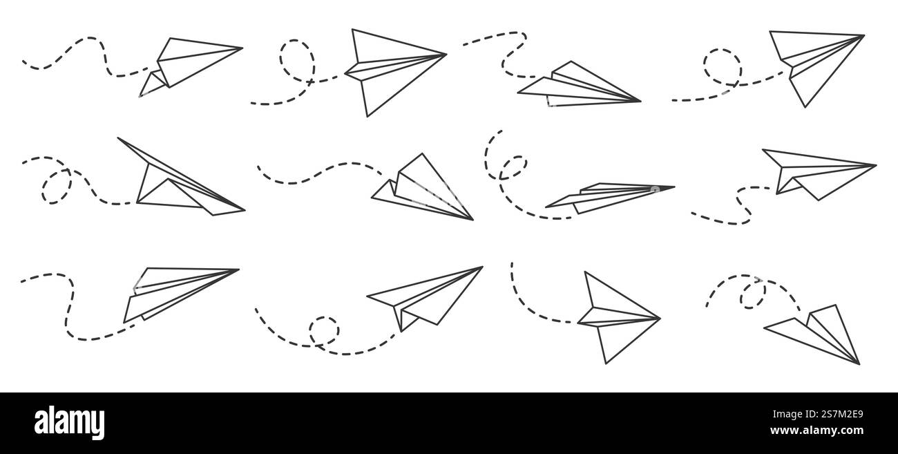 Paper airplane. Outline flying planes from different angles and ...