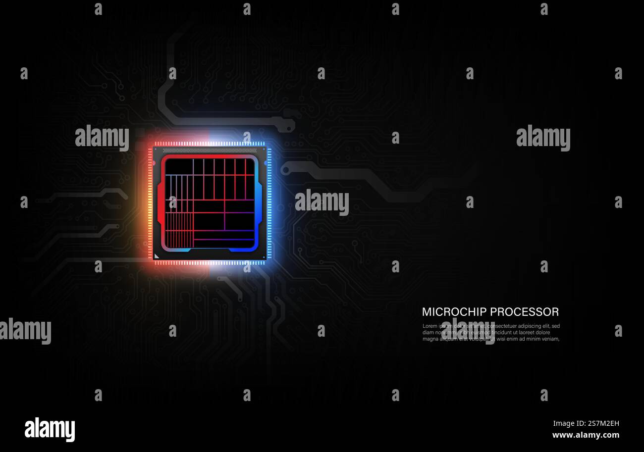 Abstract technology chip processor background circuit board and html code, illustration blue ...