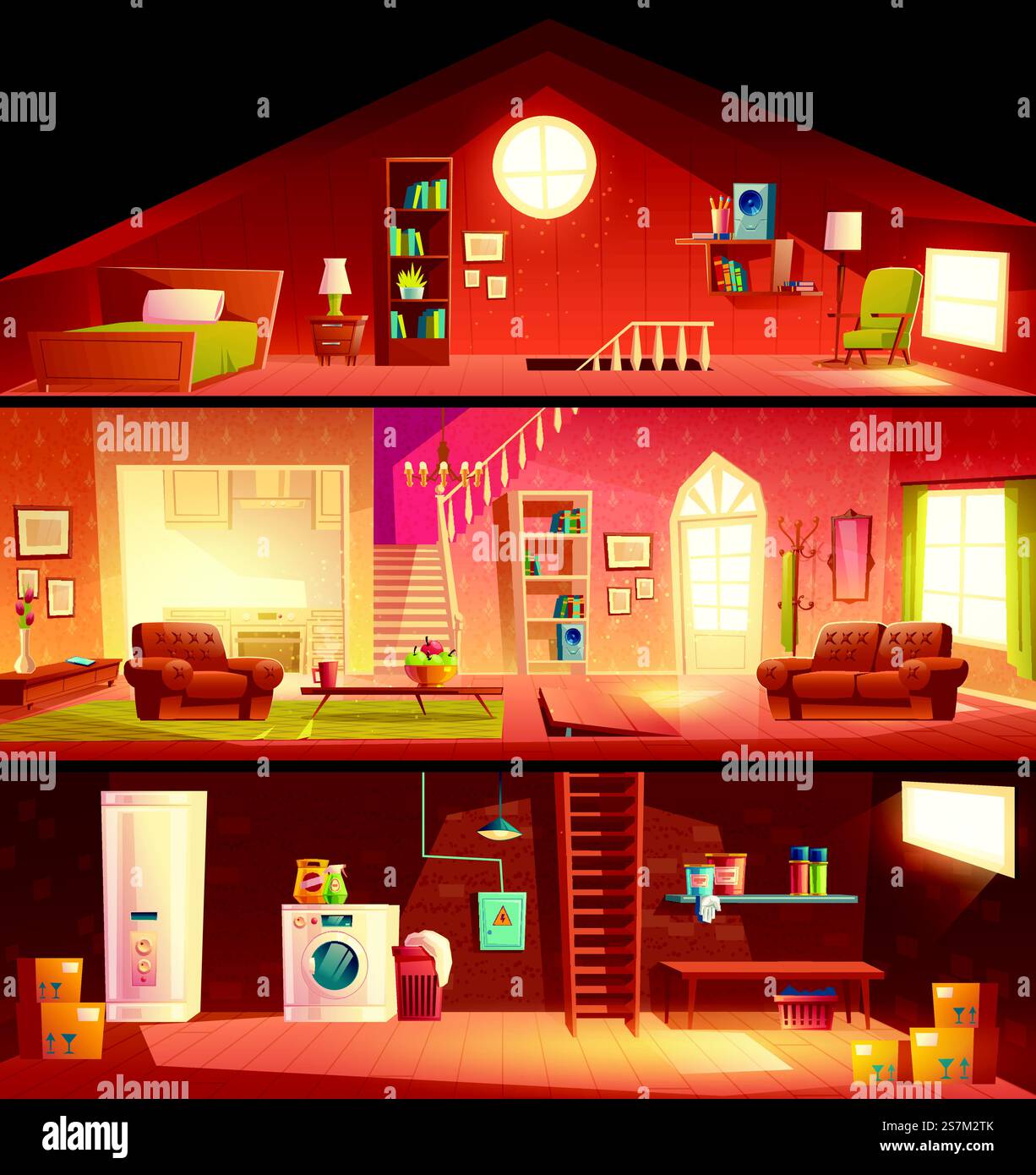 Tree-storey house or cottage cross section building cartoon vector ...