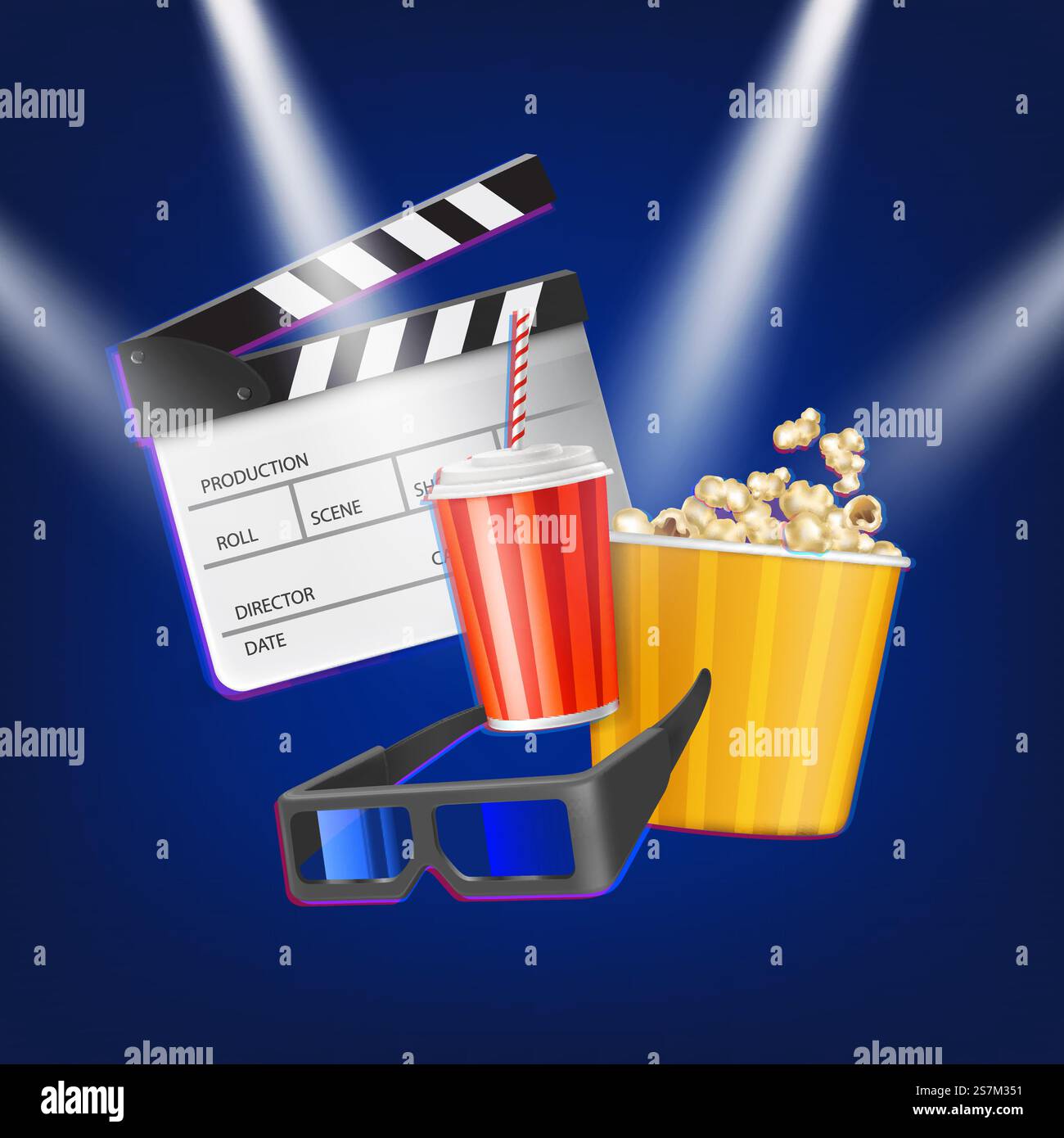 Cinema clapper, popcorn, 3d glasses and drink. Movie making industry and watching accessories ...