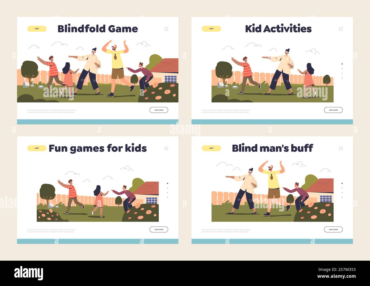 Active funny family games outdoors concept of set of landing pages with ...