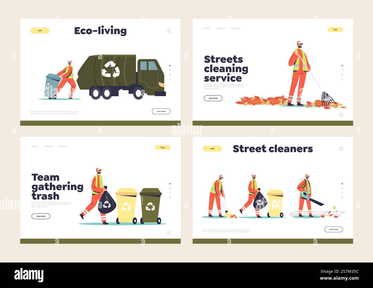 Street cleaners, waste collectors and janitors workers. Set of landing ...
