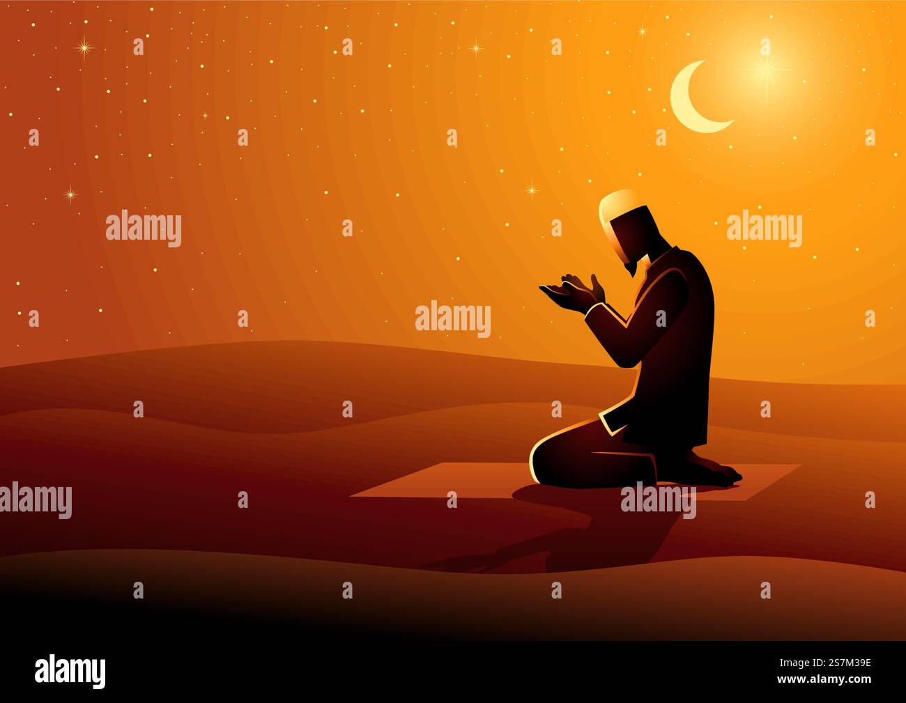 Vector illustration of muslim man praying in the desert, Ramadan ...