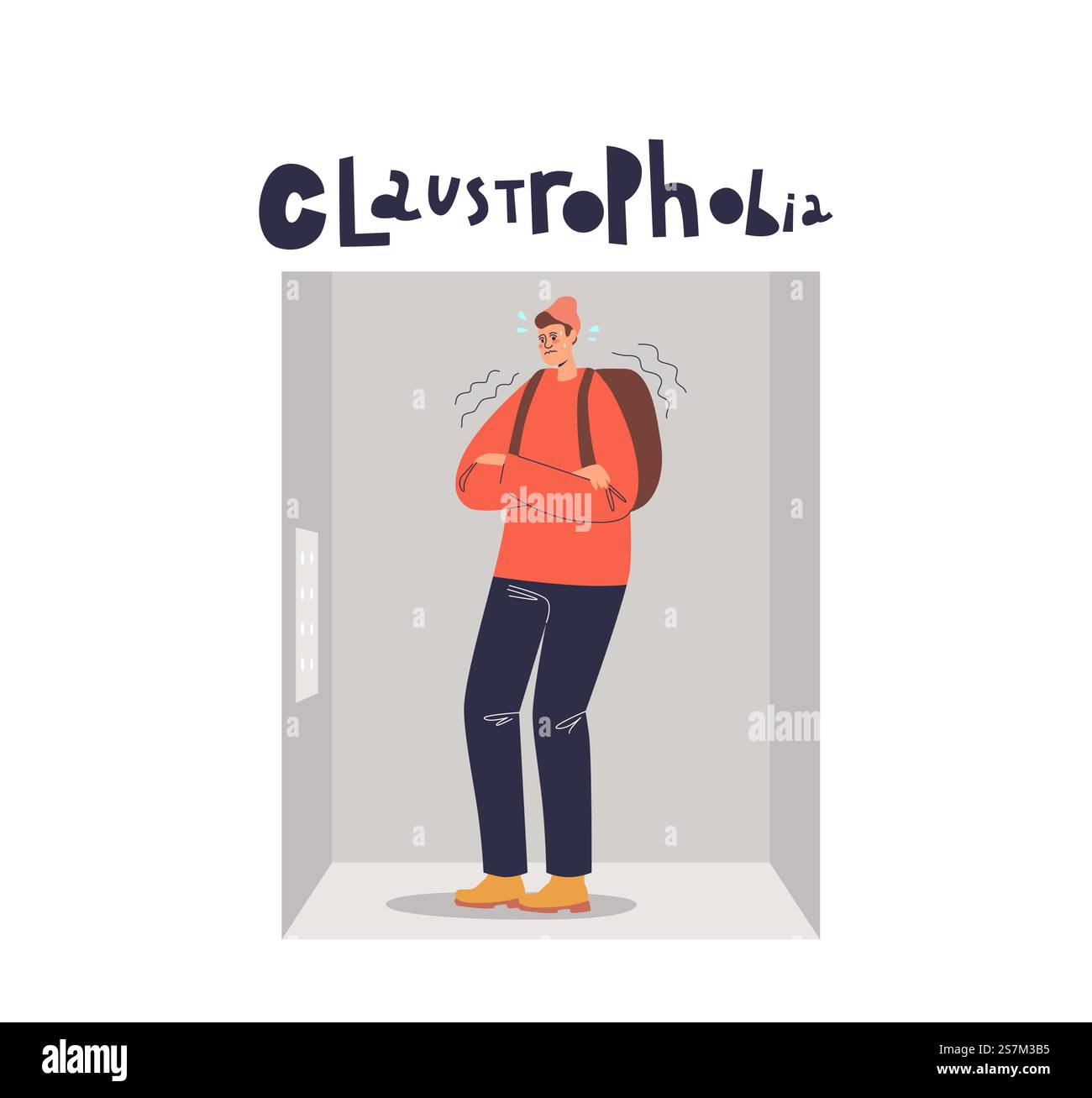 Man suffering from claustrophobia, fear of small spaces. Scared cartoon ...