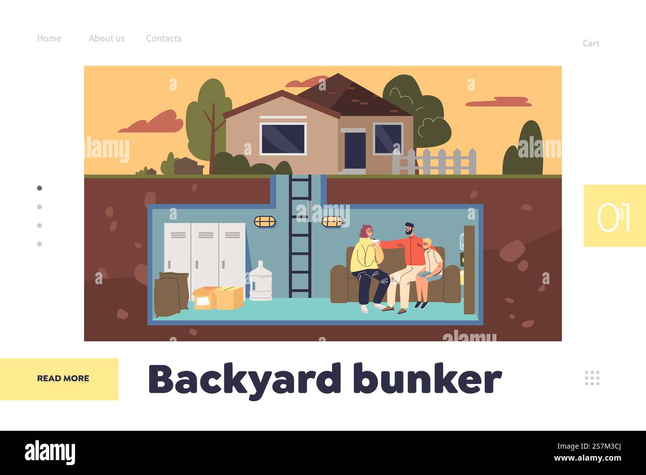 Backyard bunker concept of landing page with family in underground home ...