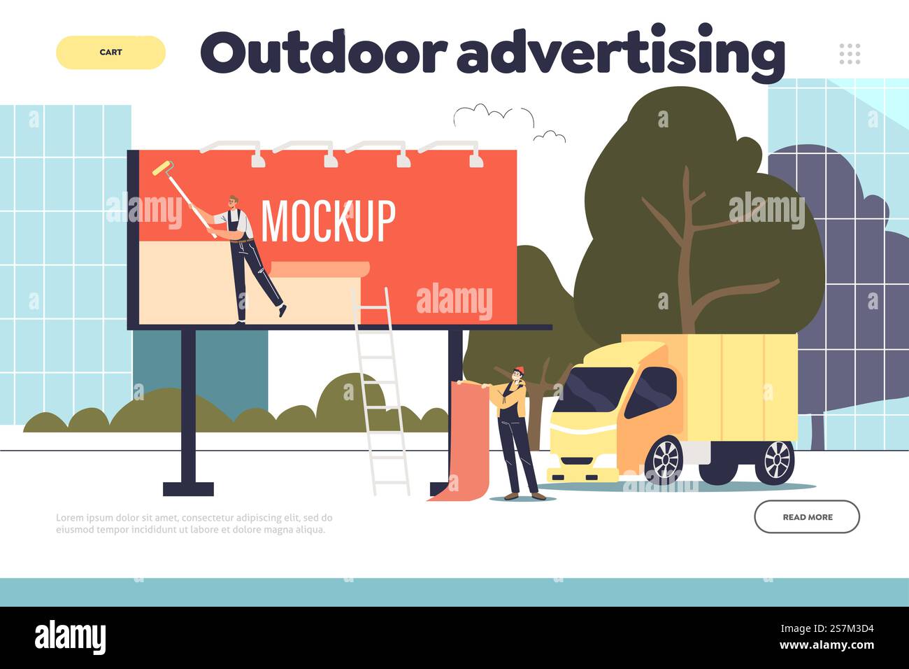 Outdoor advertising landing page with workers install new poster mockup ...