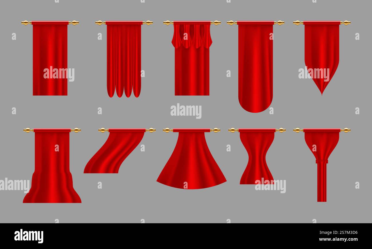 Red curtains. Set realistic luxury curtain cornice decor domestic ...