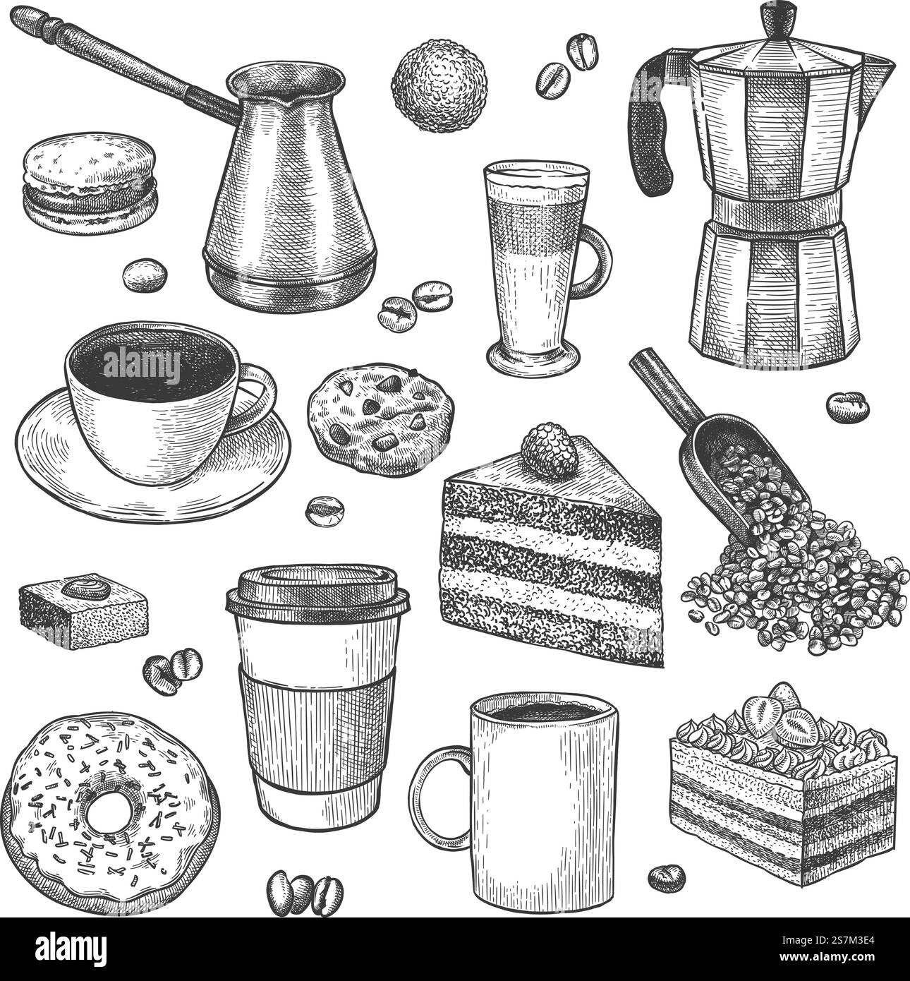 Coffee and desserts. Sketch coffee pot and maker. Cups, cake and ...