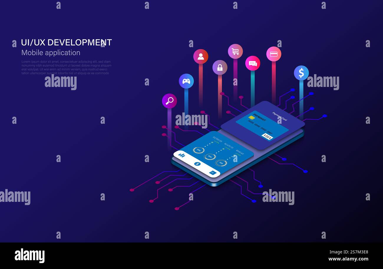 Mobile app development vector illustration. Isometric mobile phone with ...