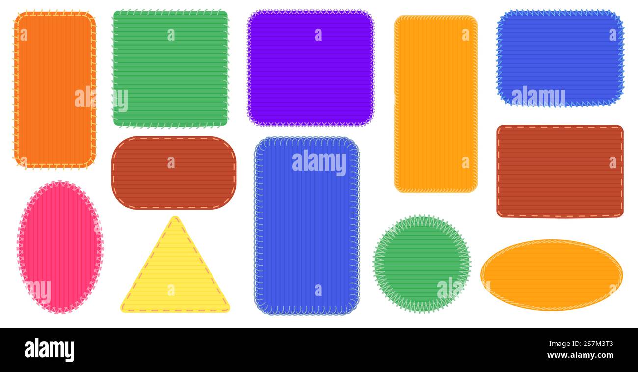 Fabric patches frames. Triangle and rectangle seam, oval colored badge ...