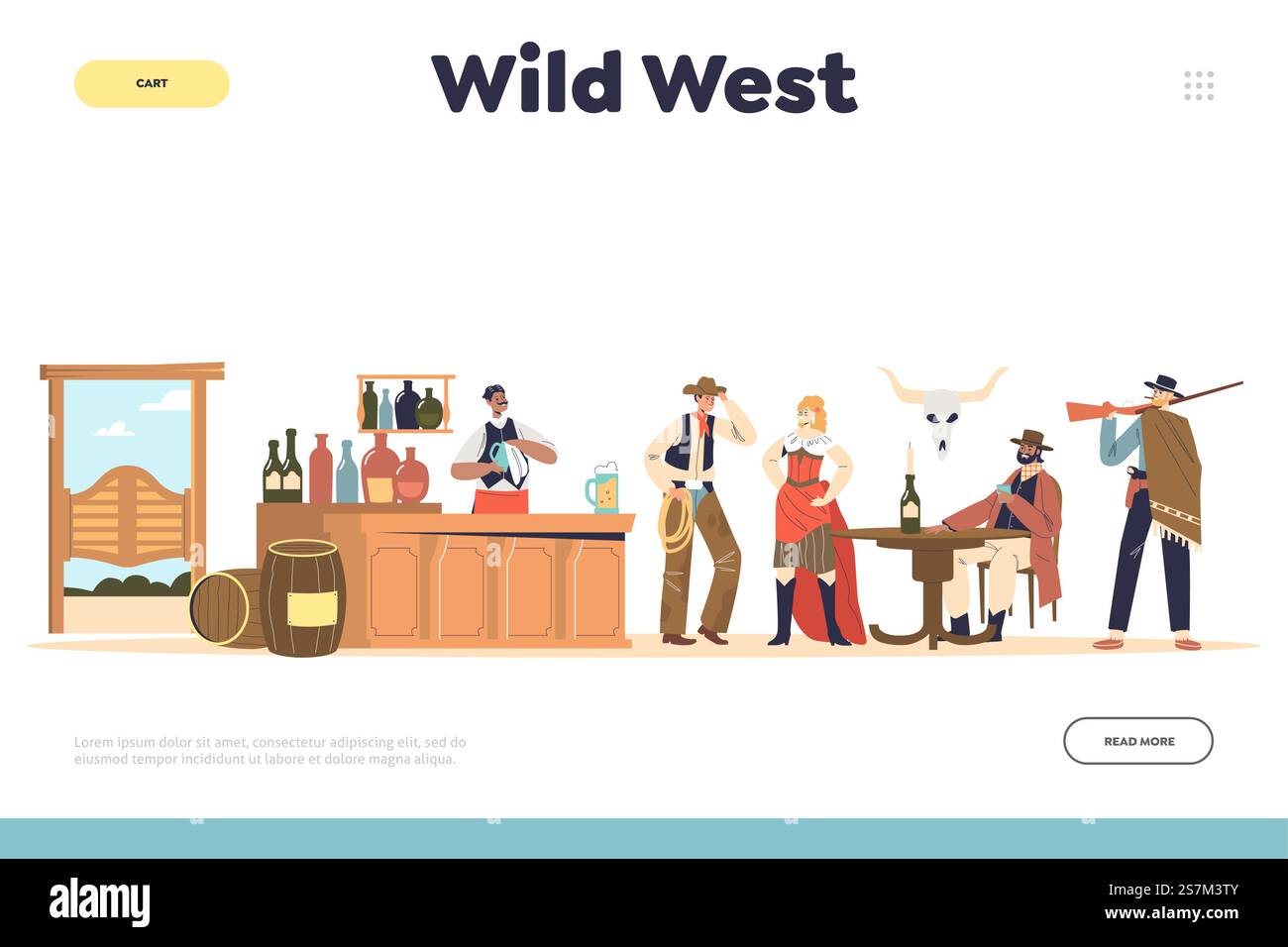 Wild west concept of landing page with cowboy and country people in bar ...