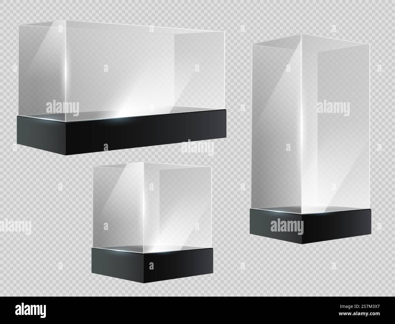 Glass cube. Transparent plastic showcase, empty retail or museum ...