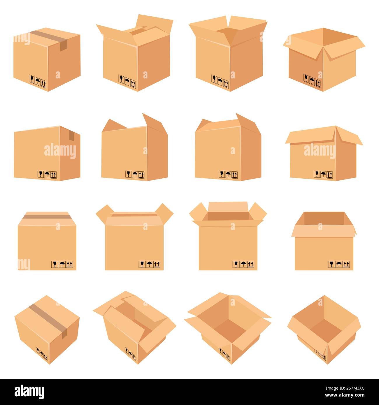 Open and closed cardboard box. Delivery package in side, front and top ...