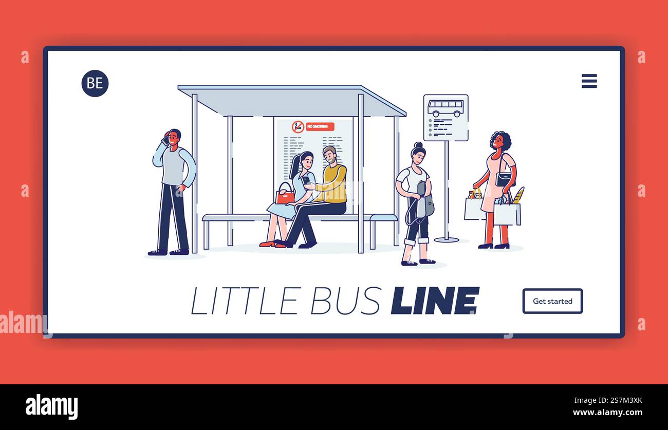 Landing page with group of people on bus station. Diverse cartoon characters waiting for bus on ...