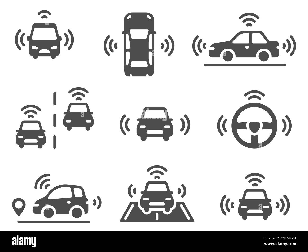 Driverless car icons. Autonomous robotic car, smart driving vehicles, navigation mobile lines ...