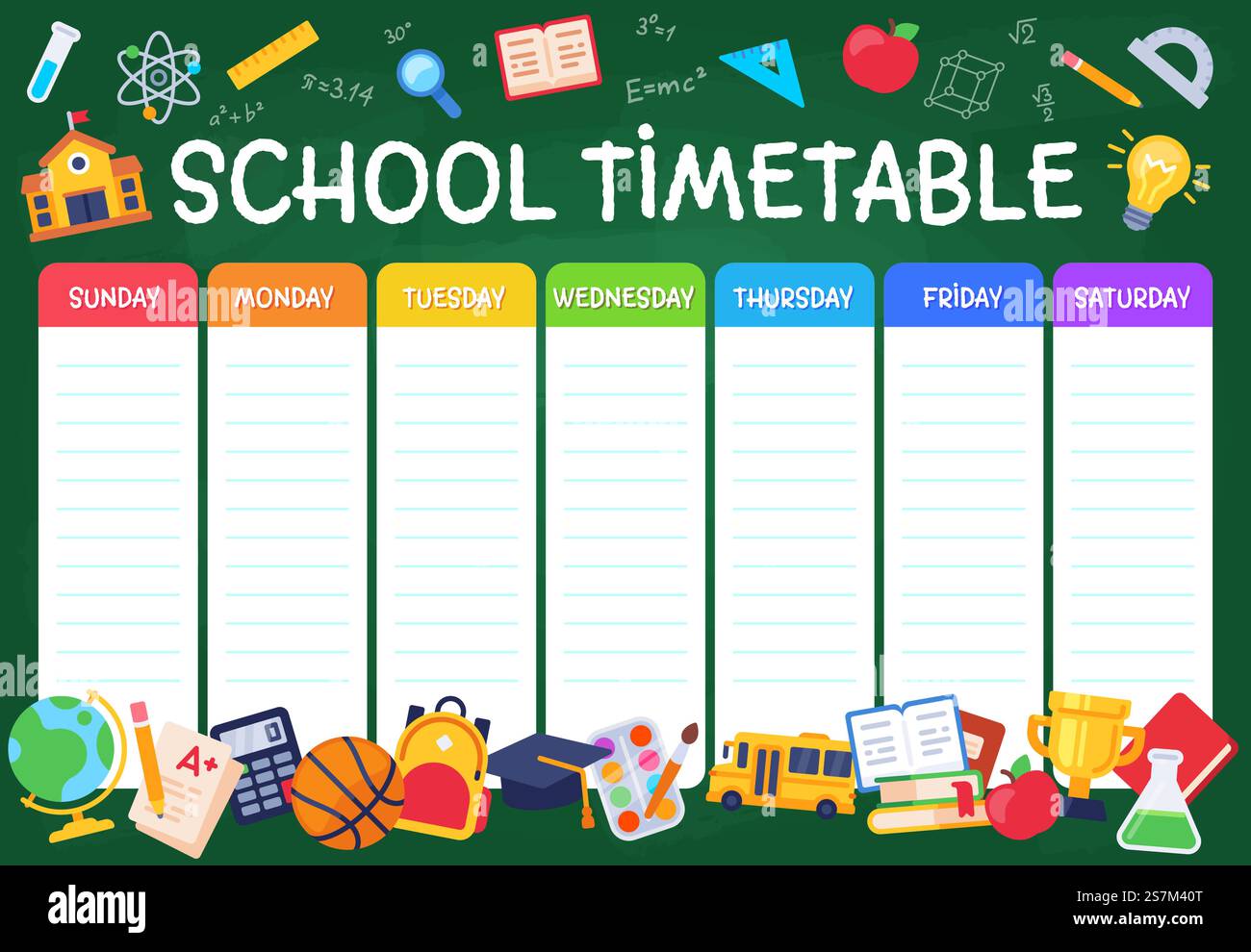 School timetable. Weekly planner schedule for students, pupils with ...