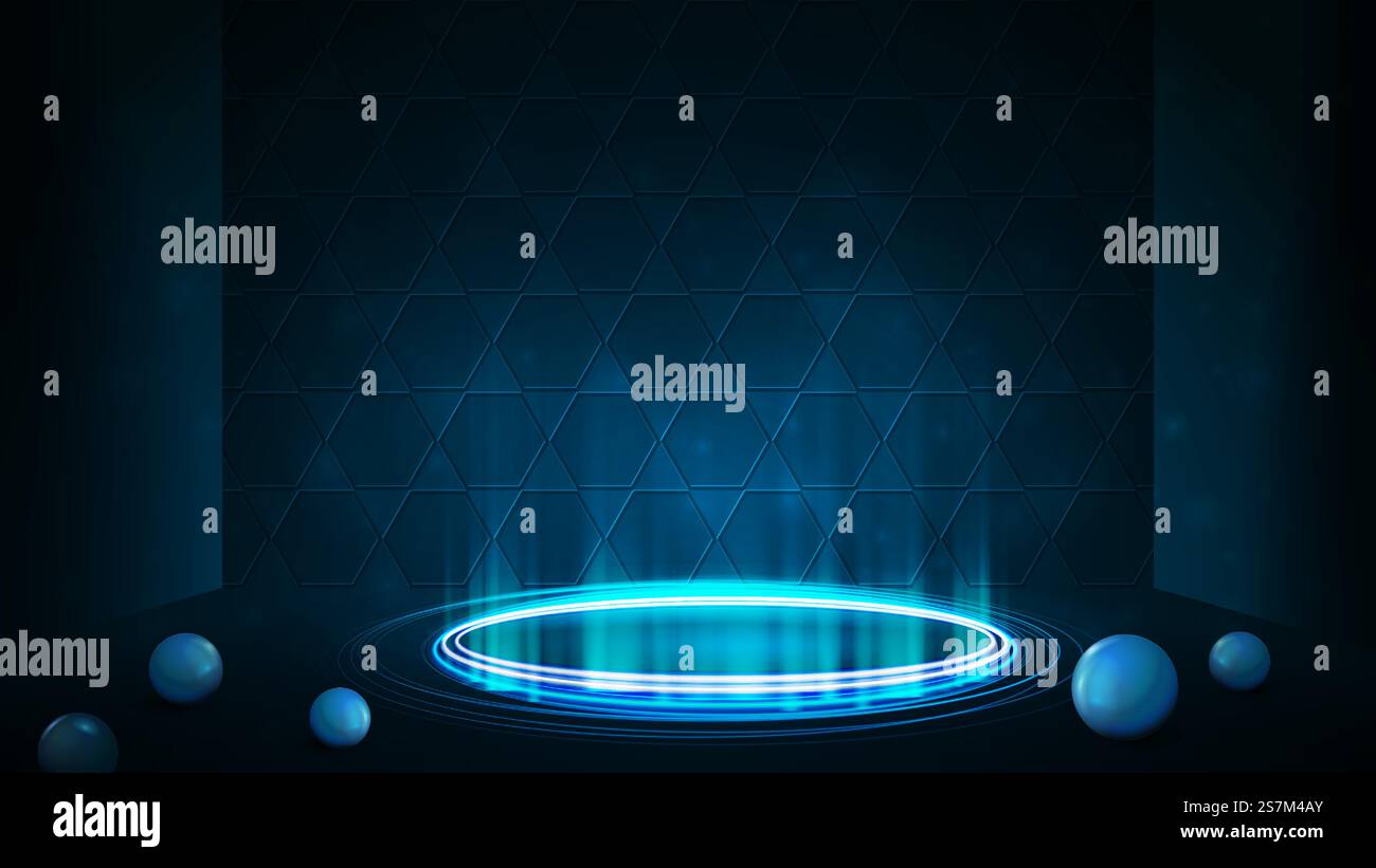 Empty blue neon podium for product presentation with honeycomb on ...