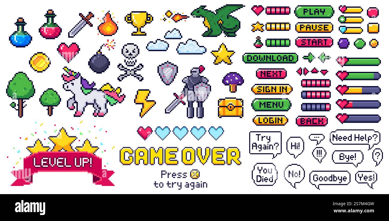 Pixel game elements set. Digital life bars and menu button as menu ...