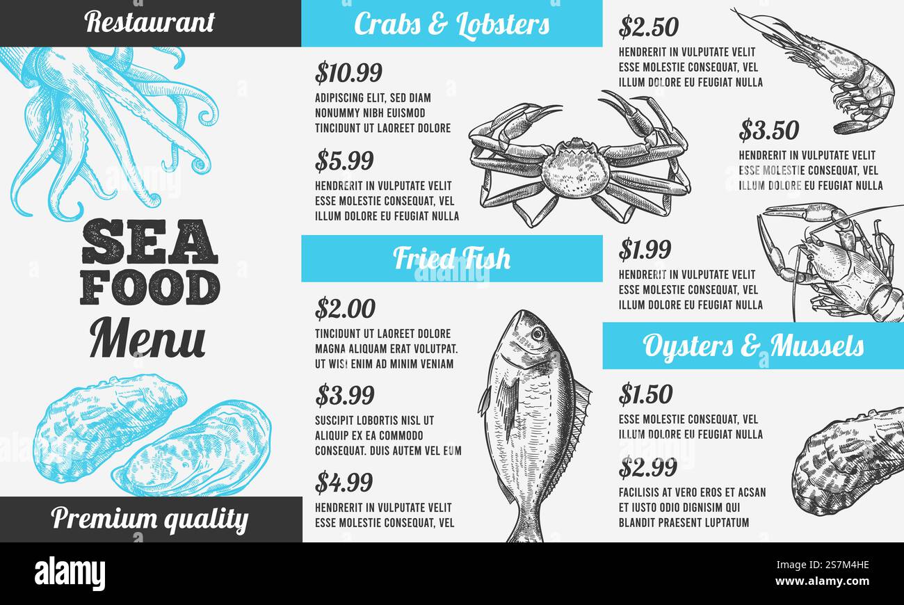 Seafood menu. Hand drawn marine fresh fishes, gourmet food design ...