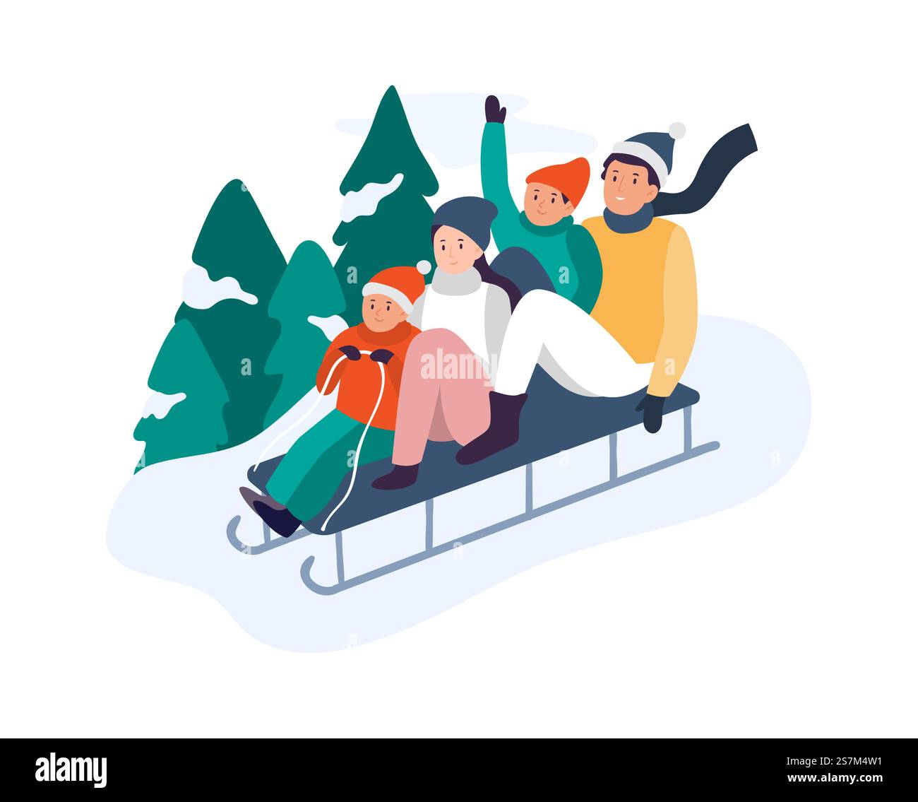 Winter activities. Happy family riding sledge down hill near snowy fir ...