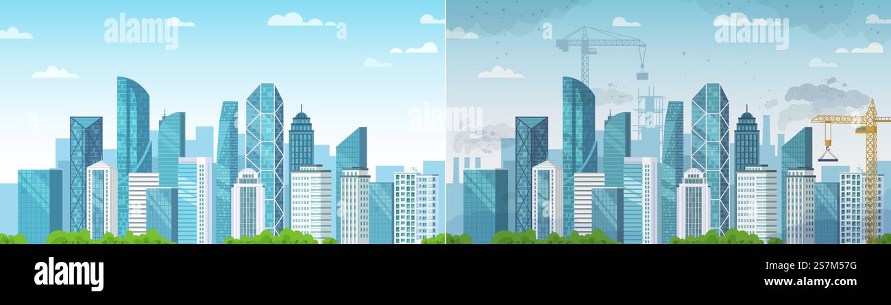 Clean and polluted city. Pollution and environment, ecology and clean ...
