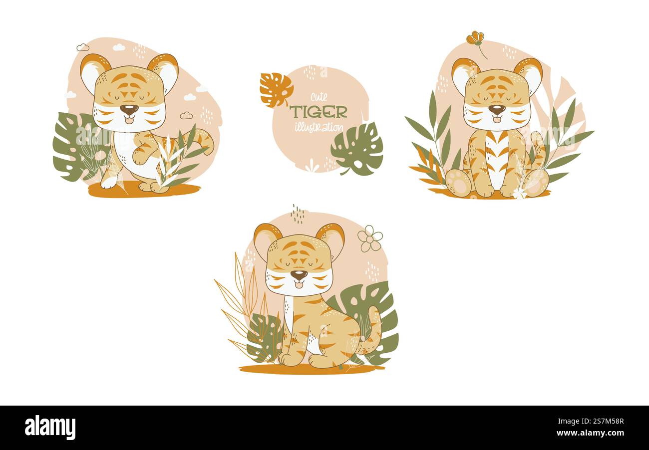 Collection of cute tigers cartoon animals. Vector illustration Stock ...
