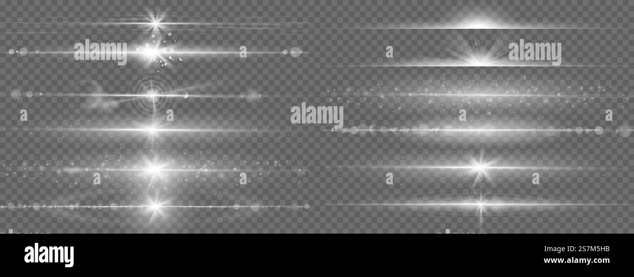 Glares lines effect. Horizontal optical lens flare light, night futuristic dusting glow strips ...