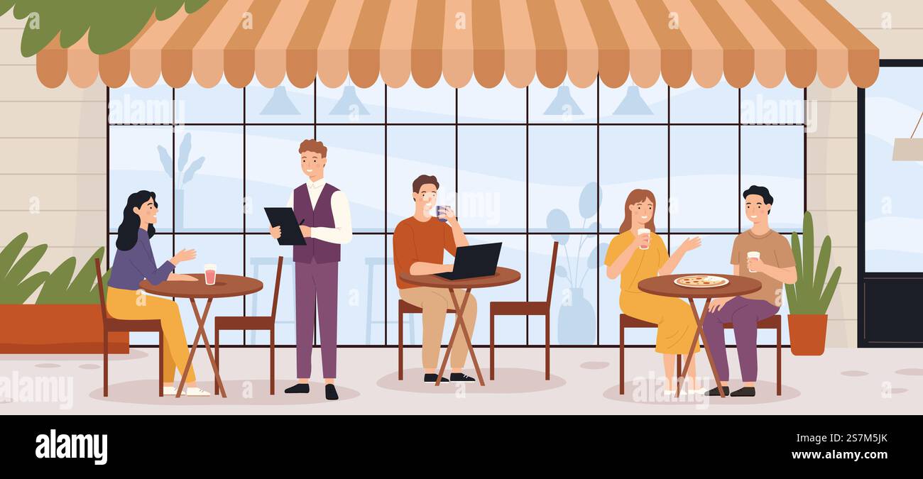 People in outdoor cafe. Restaurant street patio with sitting man and ...