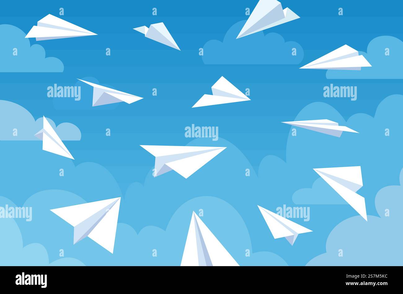 Paper planes in blue sky. White flying airplanes in clouds from ...