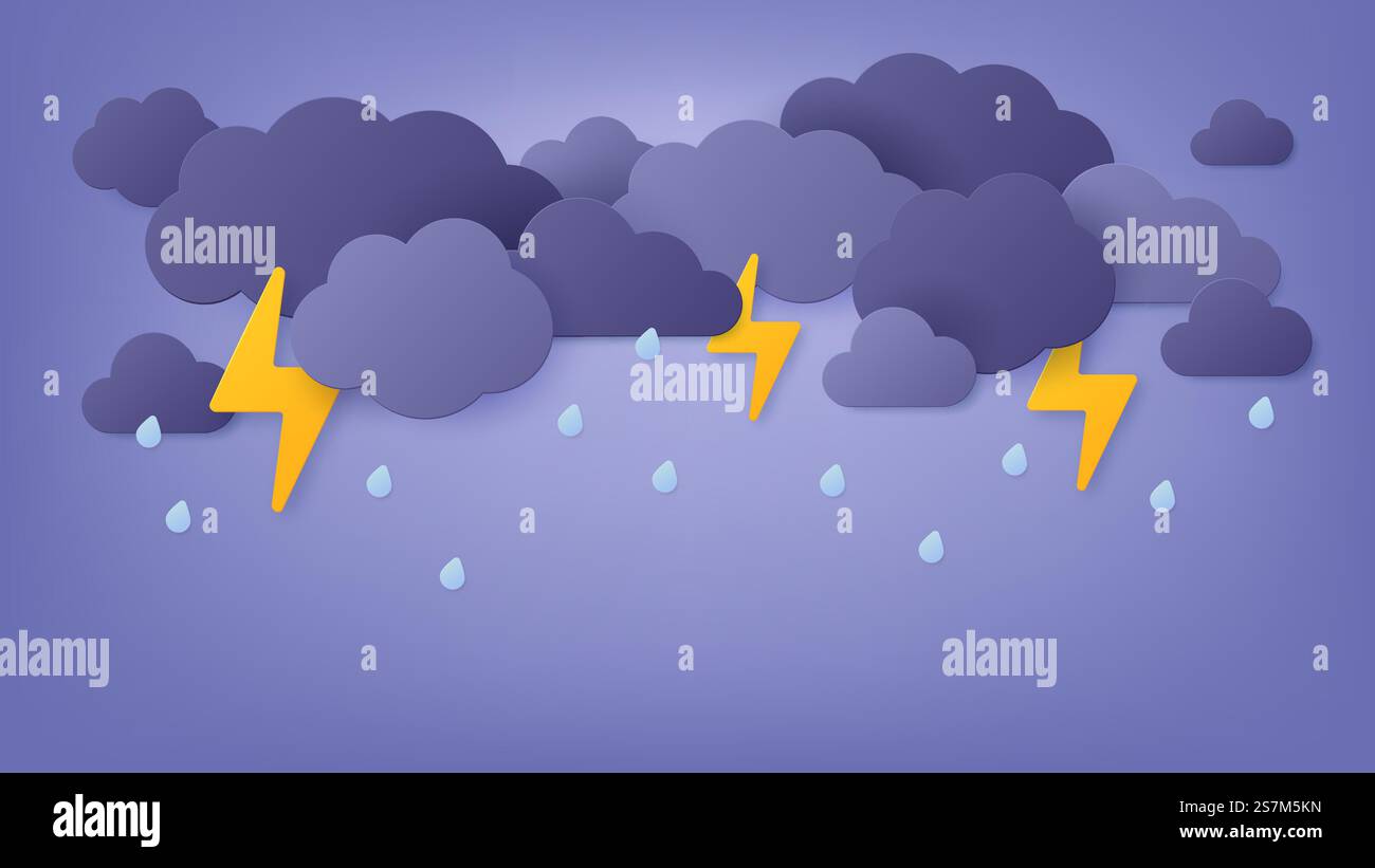 Paper cut rain. Rainy sky with cloud and thunderstorm. Origami spring ...