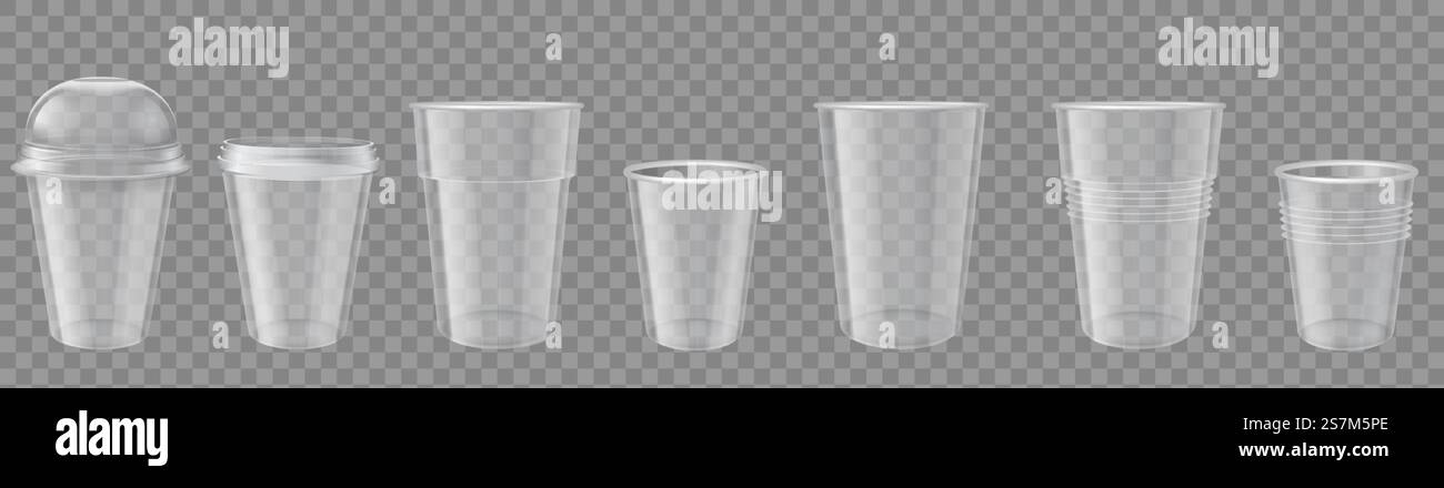 Plastic cup. Realistic transparent disposable cups with cap. Empty ...